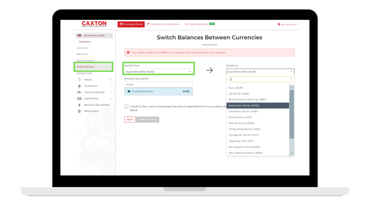 How can I swap currencies on my personal Caxton Travel Card?